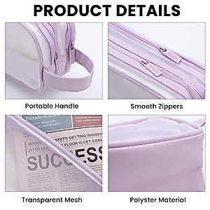JIANTA Mesh Pencil Case, Large Clear Pen Pouch with Zipper and 2 Compartments, Makeup Cosmetics Bag Stationery Storage Bag for Home, Office, School, Purple