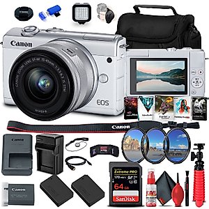 Canon EOS M200 Mirrorless Camera with 15-45mm Lens (White) (3700C009) + 64GB Memory Card + Filter Kit + 2 x LPE12 Battery + Charger + Card Reader + LED Light + Corel Photo Software + More (Renewed)