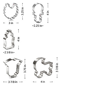 Foose Cookie Cutters Baby Shower Cookie Cutter 5 Piece Set 3.25" Bib, 4" Rattle, 4" Bottle, 4" Baby Body Suit, 4" Carriage, USA