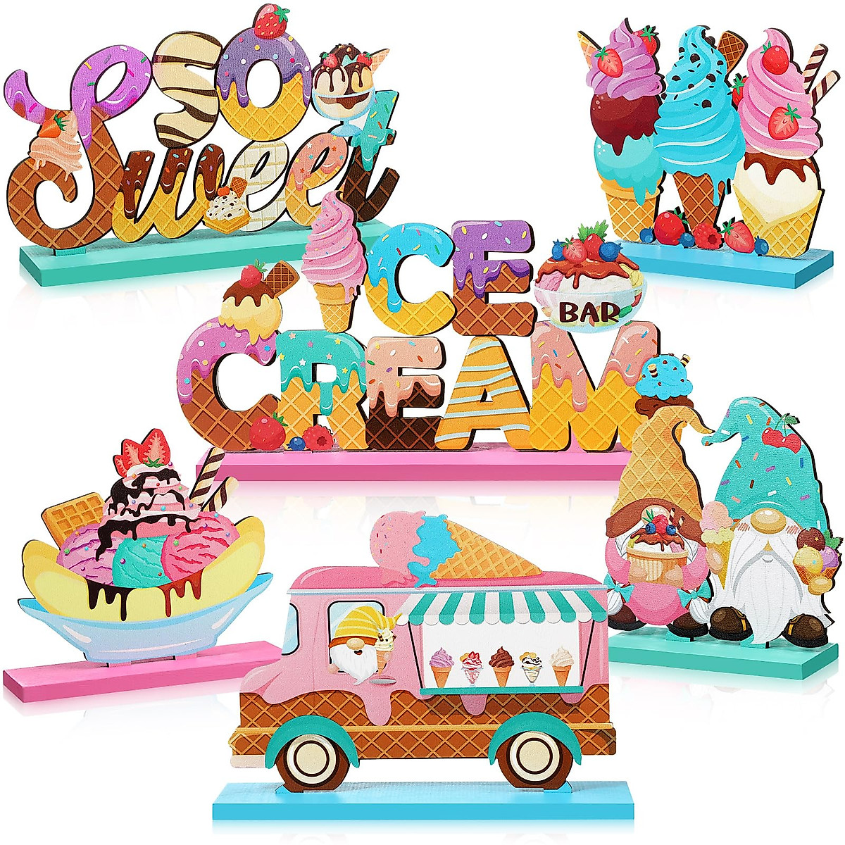 Blosssound 6 Pcs Ice Cream Table Wooden Decorations Ice Cream Table Centerpieces Letter Truck Gnome Ice Cream Wood Signs for Ice Cream Theme Bar Party Birthday Baby Shower Party Supplies