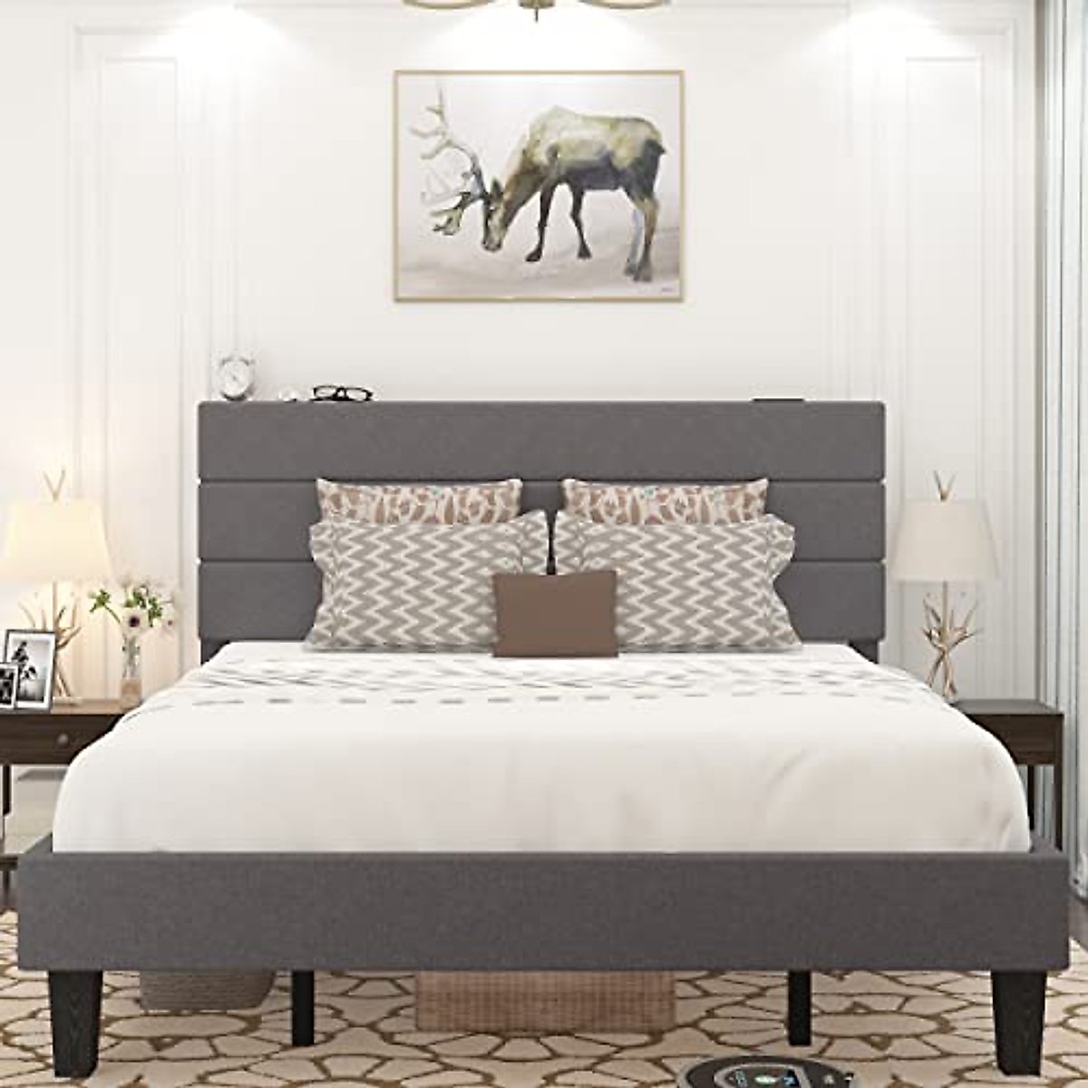Benevika King Size Upholstered Platform Bed Frame with Linen Fabric Simple Style Headboard and Wooden Slats Support, Upholstered Mattress Foundation, No Box Spring Needed, Easy Assembly, Grey