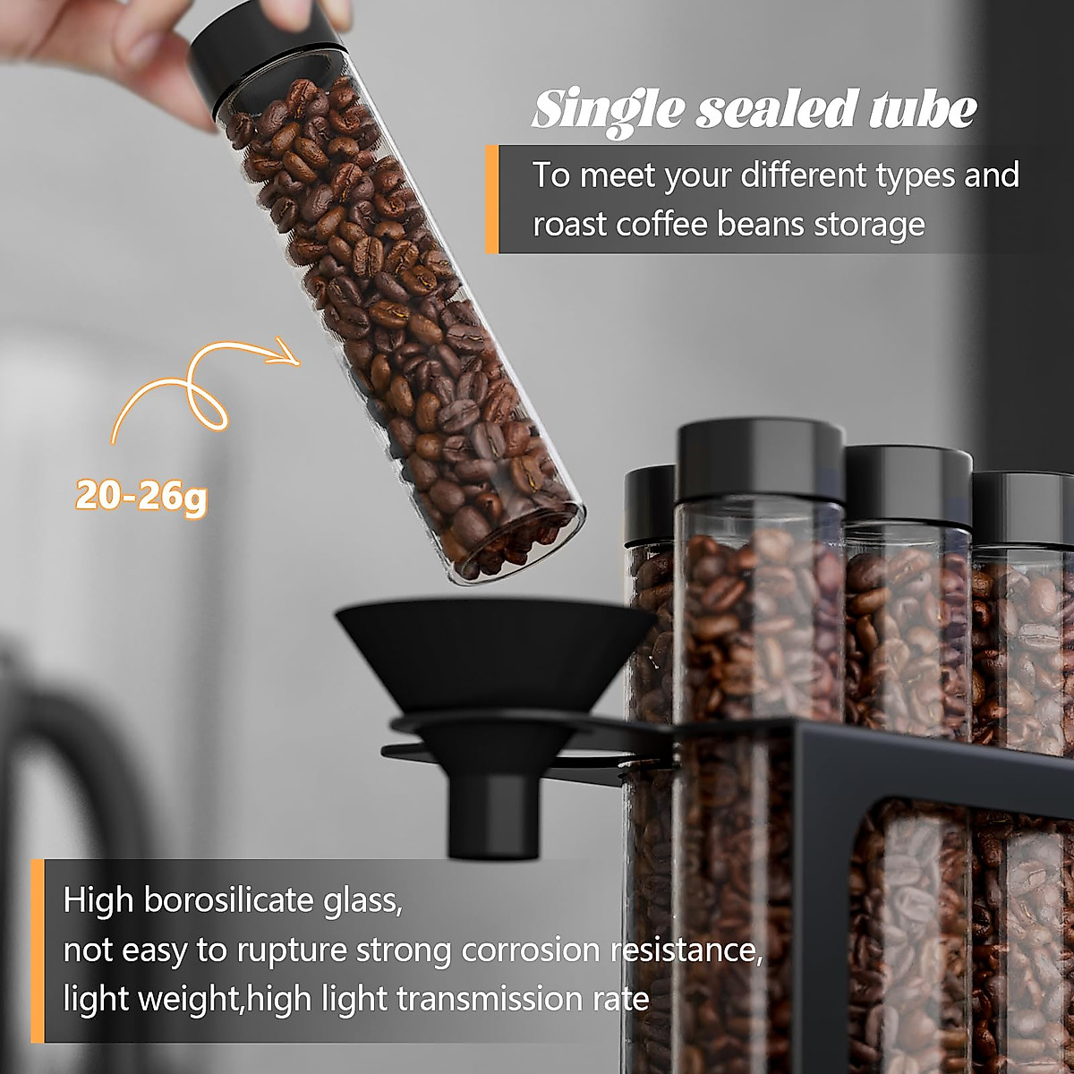 VZONE Coffee Bean Cellar Tubes Single Dose Glass Coffee Container with Hopper 8 Tubes with Exhaust Valve
