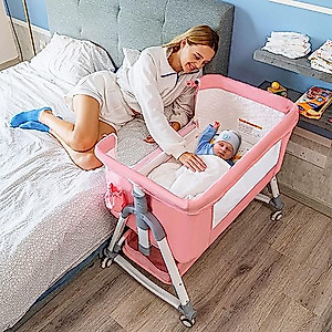 BABY K Baby Bassinet Bedside Sleeper (Pink) - 3 in 1 Bedside Bassinet Crib Attach To Bed - Convertible Bassinet With Breathable Attached Mesh Side and Mattress - Baby Co Sleeper For Bedside For Infant