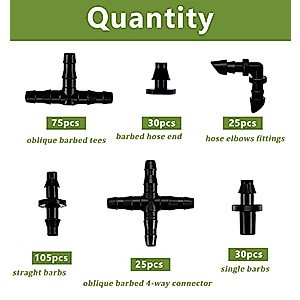 Dianrui 290PCS Drip Irrigation Fittings Kit, Barbed Connectors Parts 1/4'' Barbed Connectors Irrigation Fittings Kit for Garden Lawn Flower Pot Sprinkler Systems K1-042-set