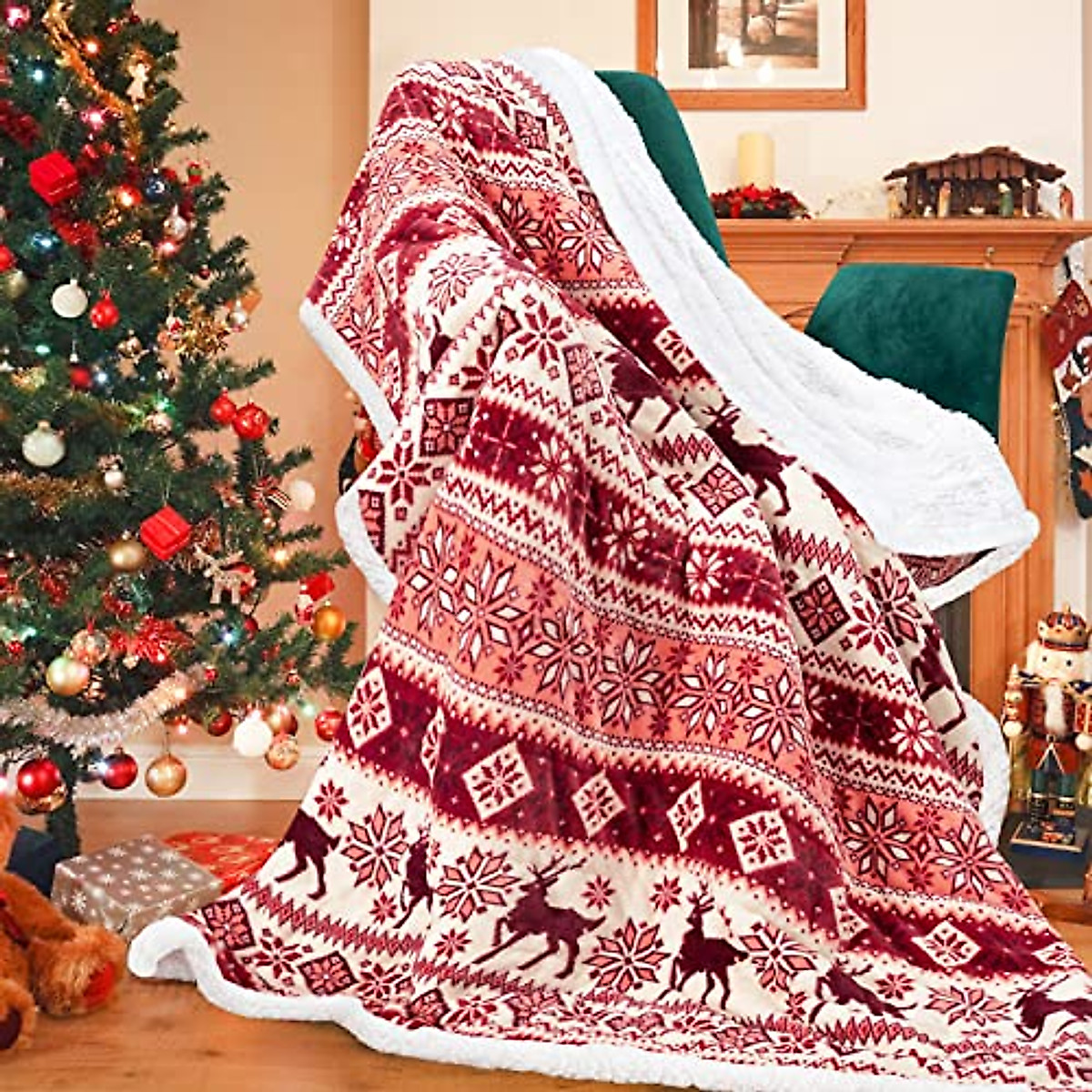 inhand Sherpa Christmas Throw Blanket for Adults, Fleece Flannel Holiday Blankets and Throws, Cozy Warm Fuzzy Fluffy Soft Throw Blankets for Couch Bed, Gifts for Women Men & Kids(51" x 63", Red)