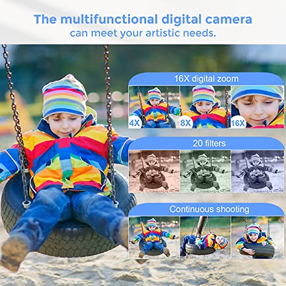 Digital Camera, RUAHETIL Autofocus FHD 1080P 48MP Kids Vlogging Camera with 32GB Memory Card, 2 Charging Modes 16X Zoom Compact Camera Point and Shoot Camera for Kids Teens (Light Blue)