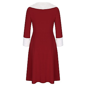 Womens Christmas Midi Dresses Long Sleeve Fur Trim Dresses Mrs Santa Costume Fancy Cosplay Outfits Party Dress Red