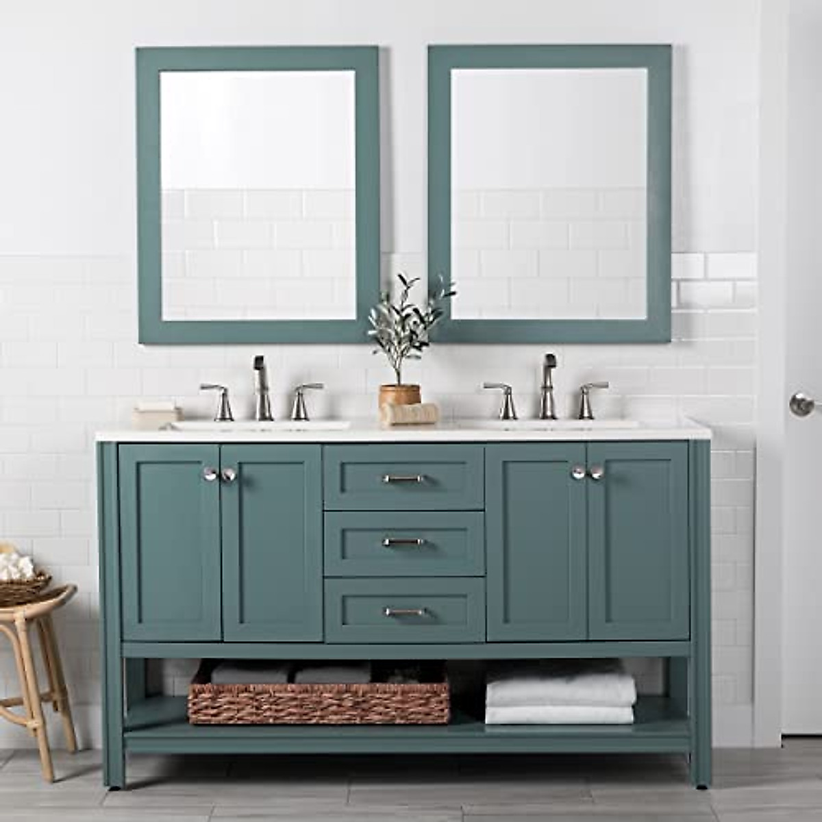 Spring Mill Cabinets Eaton Double Bathroom Vanity with 2 Cabinets, 3 Drawers, Open Shelf, Sink, 60.25" W x 18.75" D x 35.41" H, Sage/White Top