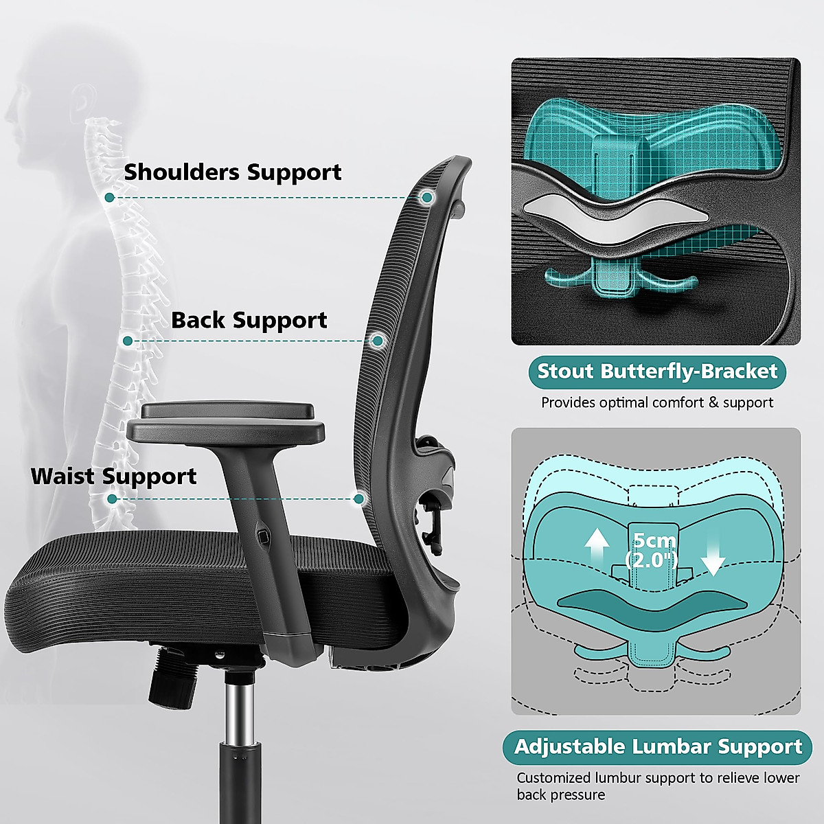 Primy Office Chair Ergonomic Computer Desk Chair, High Back Breathable Mesh Chair with Adjustable Lumbar Support 2D Armrests, Executive Rolling Swivel Comfy Task Chair with Wheels for Home Work Gaming