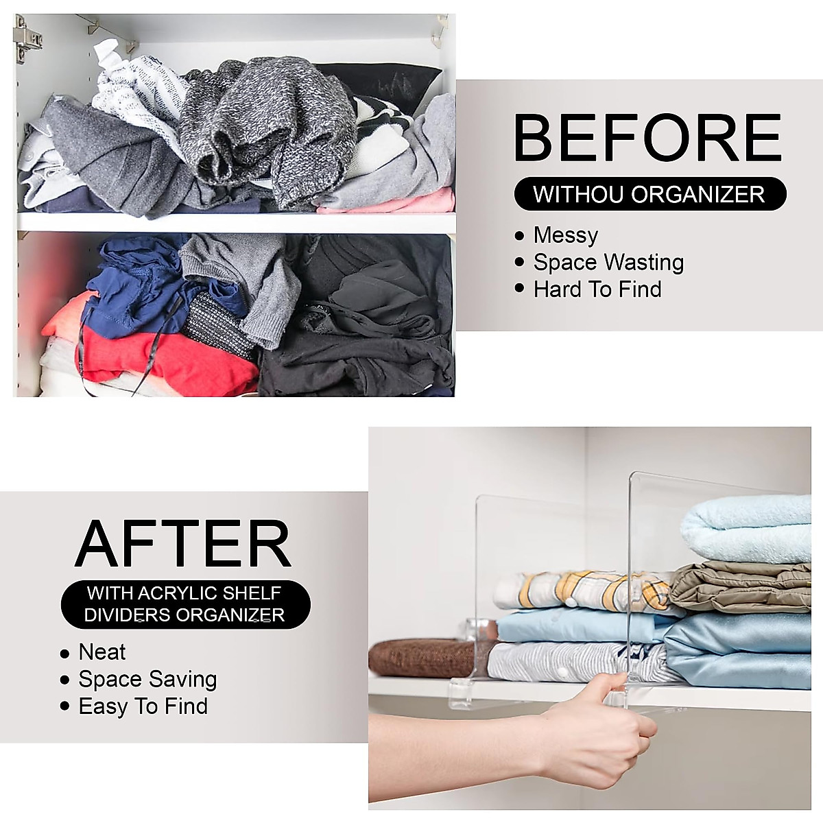 Generic Acrylic Shelf Dividers - 8Pcs Closet Shelf Divider Organizer - Adjustable Separator Clear Dividers for Shelves Wooden, Transparent