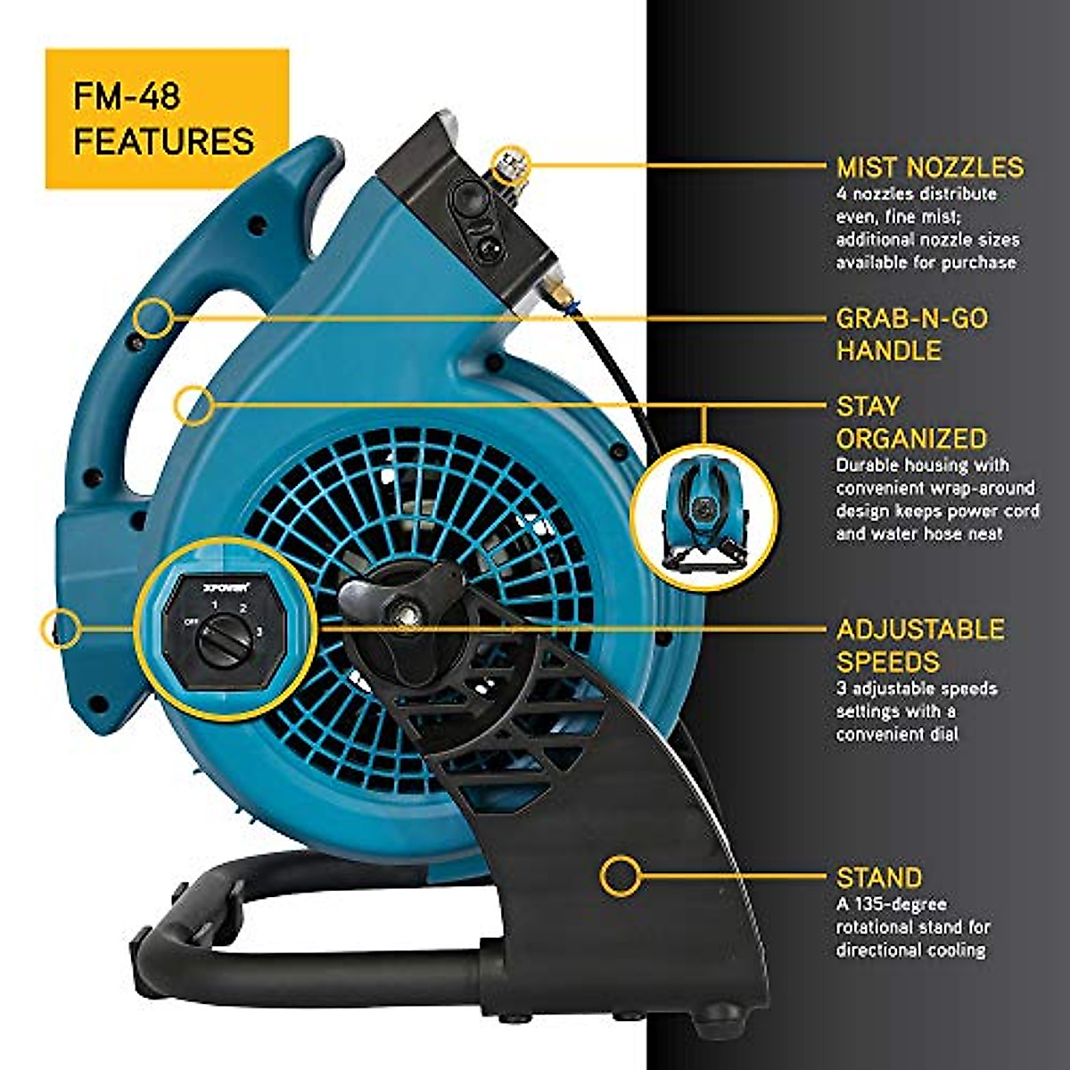 XPOWER Misting Fan FM-48, Outdoor Cooling, Heavy Duty, Powerful, High Velocity, 3-Speed, Ideal for Camping, Patios, Picnics, & More