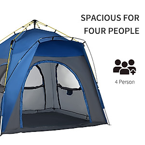 Outsunny Camping Tents 4 Person Pop Up Tent Quick Setup Automatic Hydraulic Family Travel Tent w/Windows, Doors Carry Bag Included, Blue
