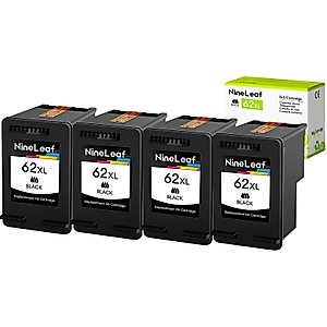 NineLeaf Remanufactured Ink Cartridge Replacement for HP 62XL 62 XL use in Envy 5540 5640 5660 7644 7645 OfficeJet 5740 8040 OfficeJet 200 250 Series Inkjet Printer（4 Pack Black