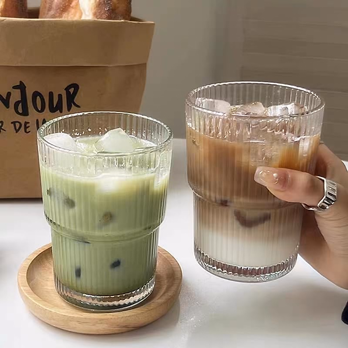 QWEZXO 13OZ/400ML Ice Coffee Glass Tumbler, Thick Wall Water Glass Cup Mug Tea with Straw and Lid Sealed Carry On （Clear）