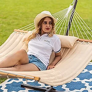 Lazy Daze Hammocks 12FT Quilted Fabric Double Hammock with Pillow, 2 Person Hammock with Spreader Bar for Outdoor Outside Patio Garden Yard Pool Beach (Linen)