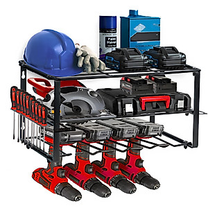 HomeBoo Power Tool Organizer, 4 Power Drill Holder Wall Mount, 3 Layers Heavy Duty Rack Metal Top Shelf, Garage Tool Organizer, Garage Storage Shelf, Father Day Gift