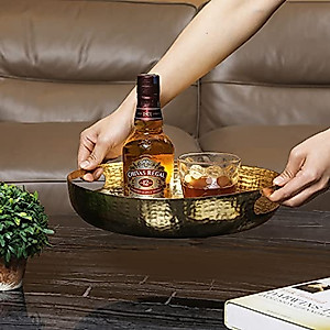 MyGift 12 Inch Round Brass Metal Handcrafted Unique Serving Tray with Hammered Pattern Design and Cut Out Handles, Decorative Coffee Table Tray - Handmade in India