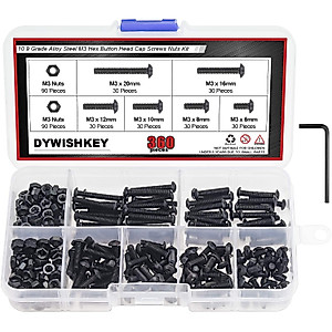 DYWISHKEY 360 Pieces M3 x 6mm/8mm/10mm/12mm/16mm/20mm, 10.9 Grade Alloy Steel Hex Button Head Cap Bolts Screws Nuts Kit with Hex Wrench