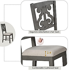 EMKK 5 Piece Round Table, Fabric Chair Vintage Style Home Furniture 42" Beautifully Designed Diningroom Hollow Back and Storage Shelf, 4-Seater Dining Set, Gray