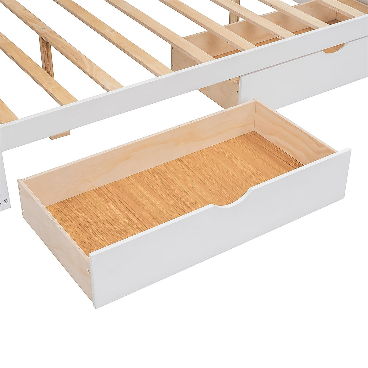 Linique Full Size House Bed with Wardrobe, Storage Drawers and Bookshelf, Solid Wood Bed Frame with Tent, White