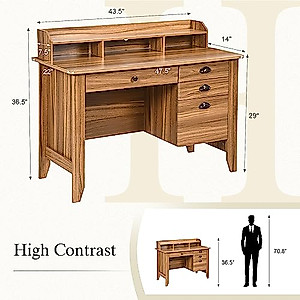 Computer Desk with Storage, Home Office Desk Vintage Desk with 4 Drawers & Hutch, Home Desk Computer Table Desk with Drawers for Bedroom, Farmhouse Desk, Rustic Oak