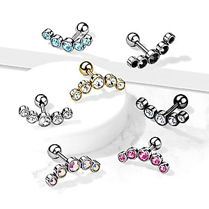 Amelia Fashion 16 Gauge 5-Round Gem Set Curve Top 316L Surgical Steel Cartilage Barbell Studs (Aurora Borealis)