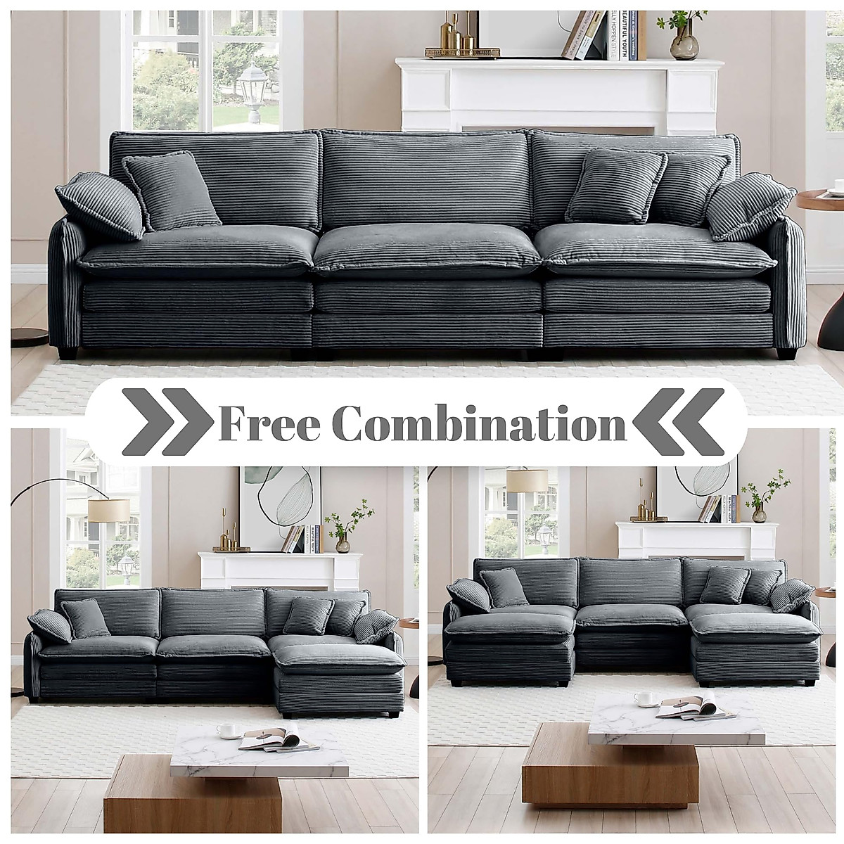 115" Modular Sectional Sofa,L Shaped Sectional Couches for Living Room,3-Seater Corduroy Upholstered Cloud Couches with Movable Ottoman and Deep Seats