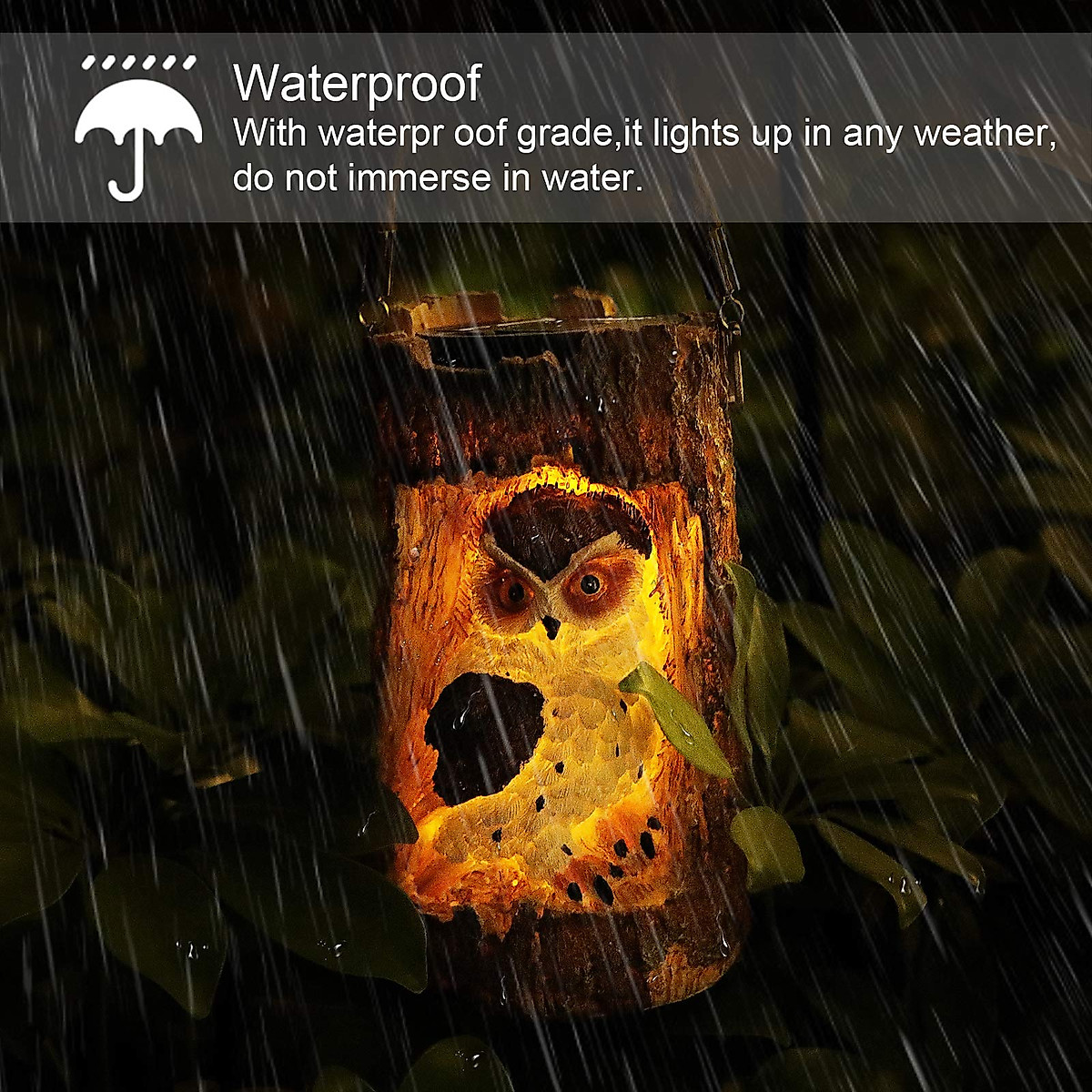 KZOBYD Solar Hanging Lanterns Outdoor Waterproof Owl Stump Lamp with Handle LED Owl Statue Light Lawn Figurine Solar Powered for Patio Courtyard Yard Garden Porch Tabletop Decor (Brown Wing)