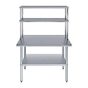 24" x 48" Stainless Steel Work Table with 12" Wide Double Tier Overshelf | Metal Kitchen Prep Table & Shelving Combo