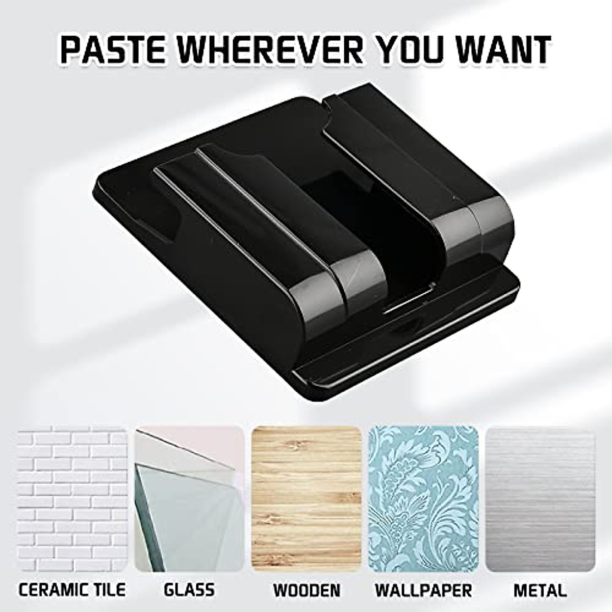 WZSANDS 4PCS Wall Mount Phone Holder with Adhesive, Phone Stand with Data Line Receiving Hole, Bed Side Shelf,Remote Control Stand, Use for Home,Office Black