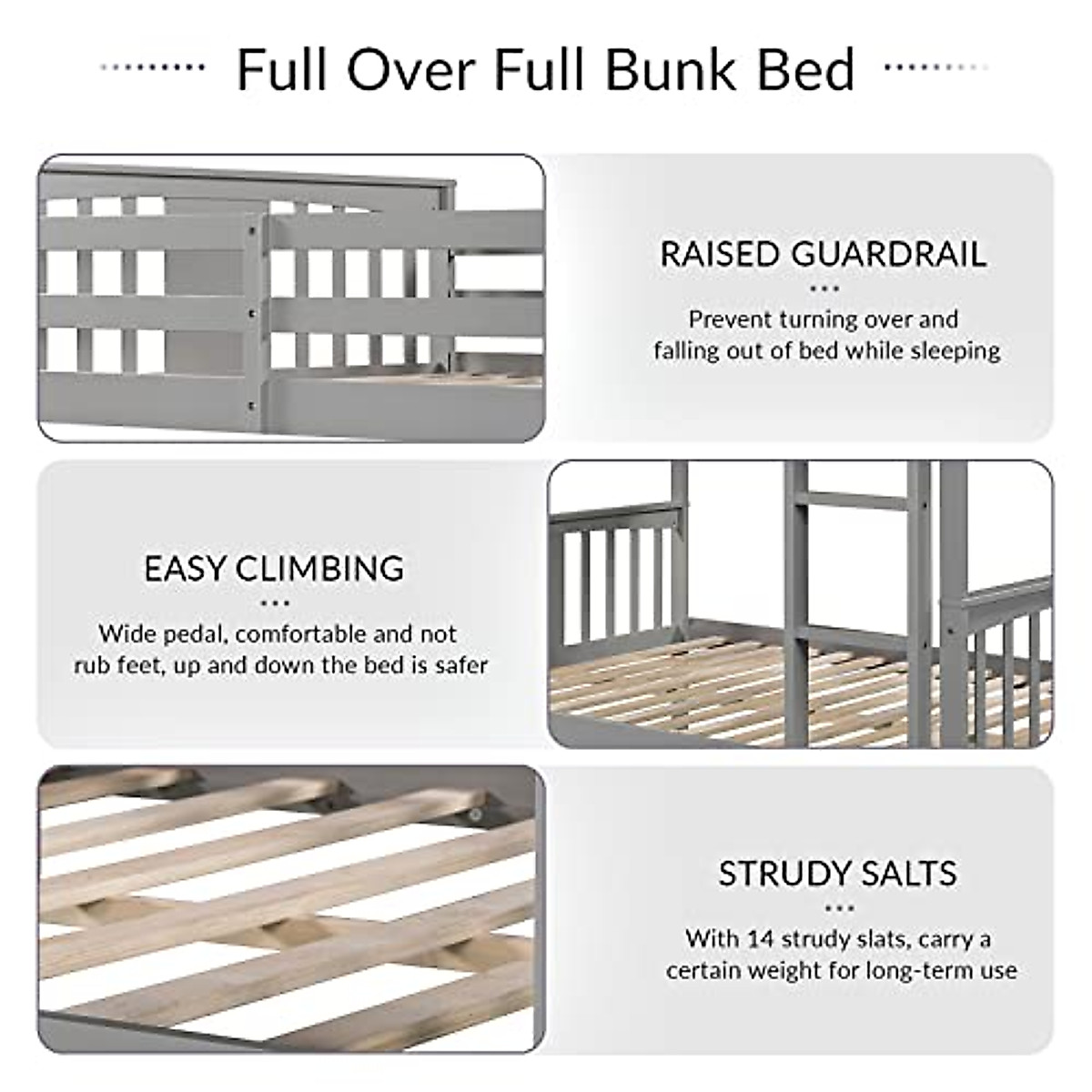 Voohek Full Over Full Bunk Bed with Ladder, Wood Bedframe Full-Length Guardrail for Kids, Teens, Bedroom, Home Furniture, No Box Spring Required, Gray