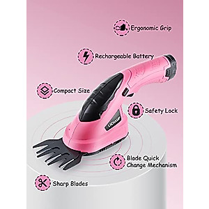 Lichamp 2-in-1 Electric Hand Held Grass Shear Pink Hedge Trimmer Shrubbery Clipper Cordless Battery Powered Rechargeable for Garden and Lawn, CGS3601PK Pink