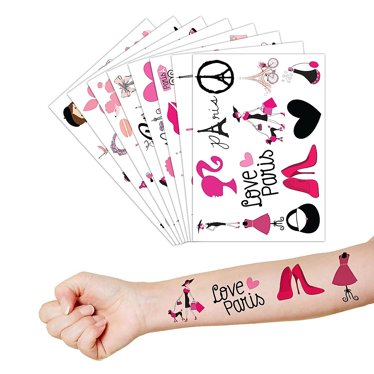 Paris Temporary Tattoos for Kids - Themed Eiffel Tower, Girl Birthday Party Decorations Supplies 96PCS Tattoos Stickers Cute Party Favors Girls Boys Gifts Classroom School Prizes Themed Christmas Pink