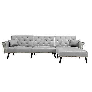 EMKK Convertible Sectional Adjustable Backrest,Upholstered Couch with Chaise Longue 2 Pillows Modern Velvet Fabric for Living Room Office Apartment, Gray L Shape Sofa