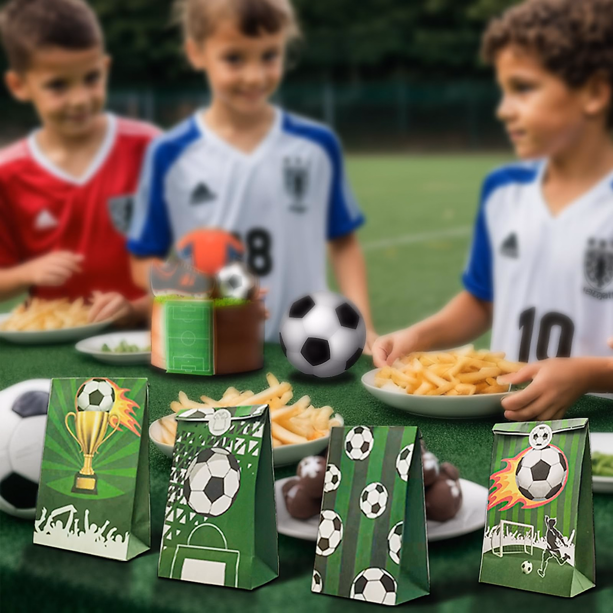 YIPAXEJE 12 Pack Paper Soccer Party Favor Bags - Ideal for Birthday Gift Bags, Snack Bags, and Party Favor Bags for Kids Birthday - Includes 12 Soccer Stickers for Customization