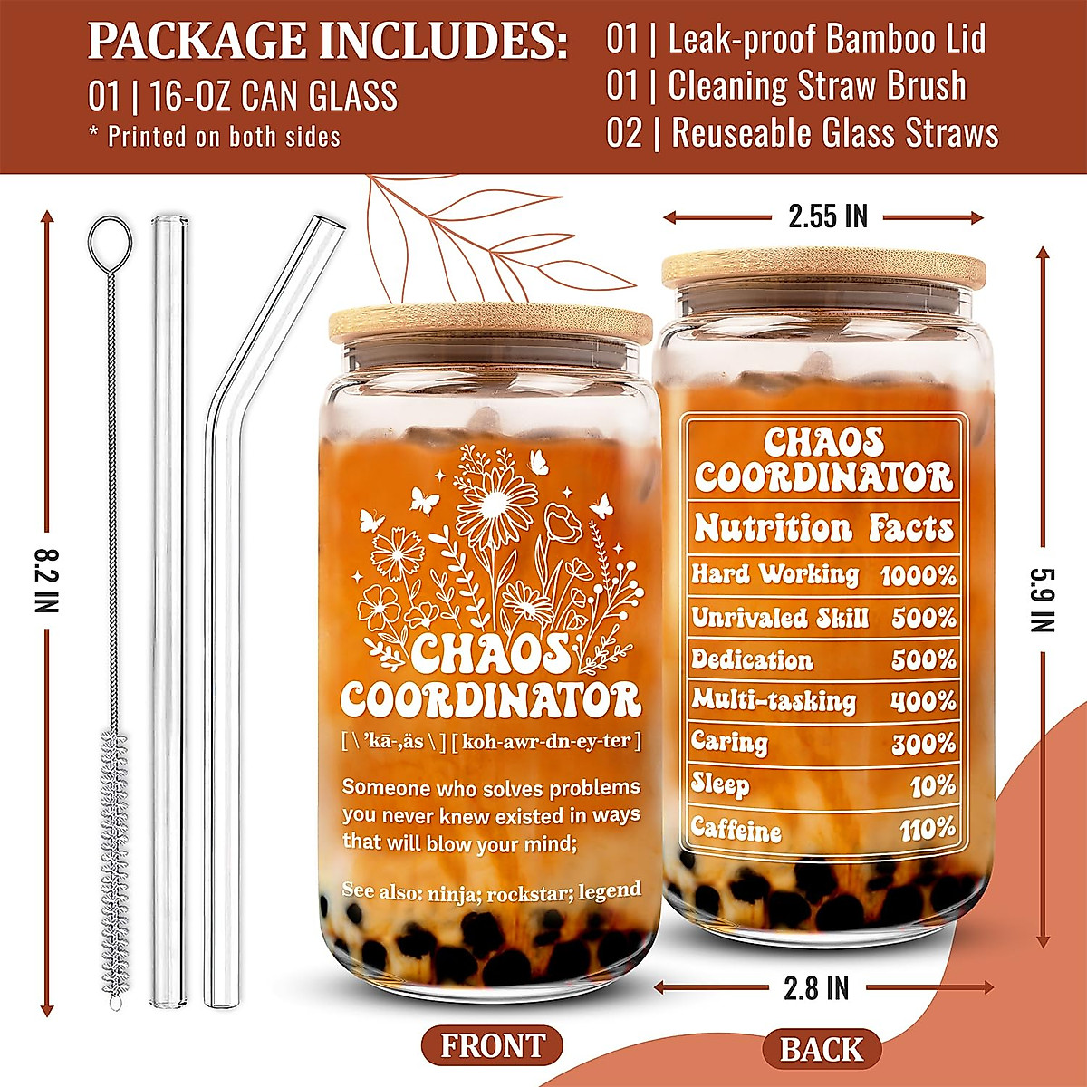 HEXMOZ Chaos Coordinator Gifts for Women, Boss Lady - Boss Day Gifts - Thank You, Appreciation Gifts for Coworkers, Leaders, Managers, Nurses, Assistants, Friends - Office Gift Ideas - Glass Cup