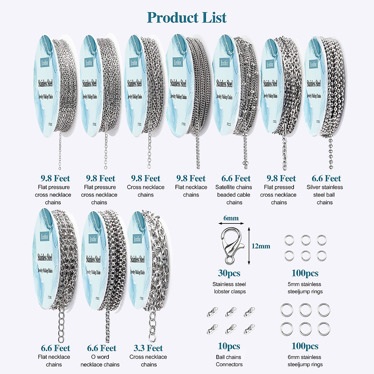 Ecoofor Necklace Chains for Jewelry Making, 78.7 Feet 10 Rolls 304 Stainless Steel Jewelry Chains for DIY Necklace Bracelet Jewelry Making with Stainless Steel Jump Rings/Lobster Clasps/Connectors