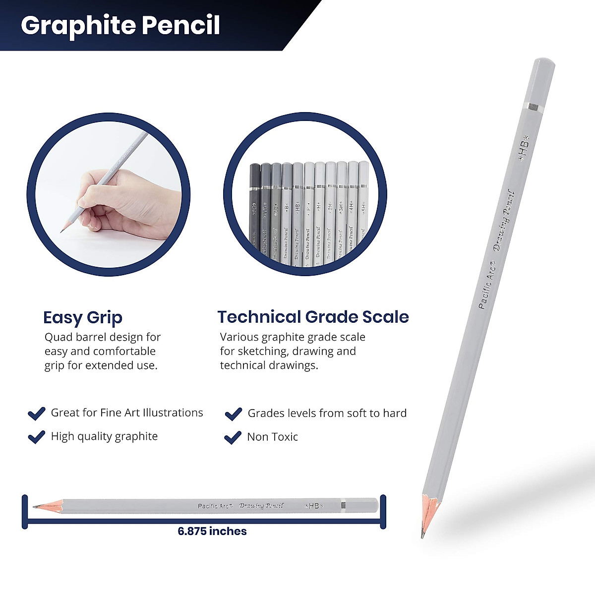 Pacific Arc Premium Graphite Drawing Pencils for Artists, Tech Pack - Professional Pencils for Drawing, Drafting, Sketching and Shading 12 Pk. - Great Non Toxic Art Supplies Set for Adults and Kids