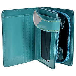 Shag Wear Women's PU Vegan Leather Colorful Slim Trendy Small Bifold Wallet with 4 Credit Card Slots, 1 Zippered Coin Pocket, and Clear ID Window (Green Eyed Kitty Teal)