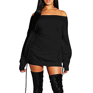 GOKATOSAU Women's Sexy Casual Off Shoulder Long Sleeve Lace Up Loose Club Mini Dress Black