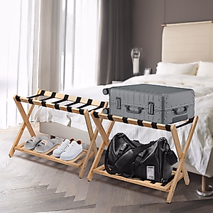 BAIDE PACK Wood Luggage Rack Stand for Guest Room, Folding Suitcase Holder Stand with 6 Support Straps for Home Bedroom Travel, Bamboo