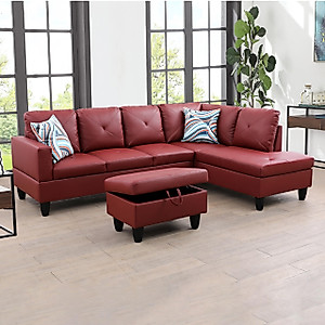 Dyncan 3-Piece Faux Leather Sectional Couch, Modern 5 Seater Corner Sofa Upholstered Modular Sofas with Chaise Lounge and Storage Ottoman, Large L-Shaped Living Room Sets w/Right Armrest (Red)