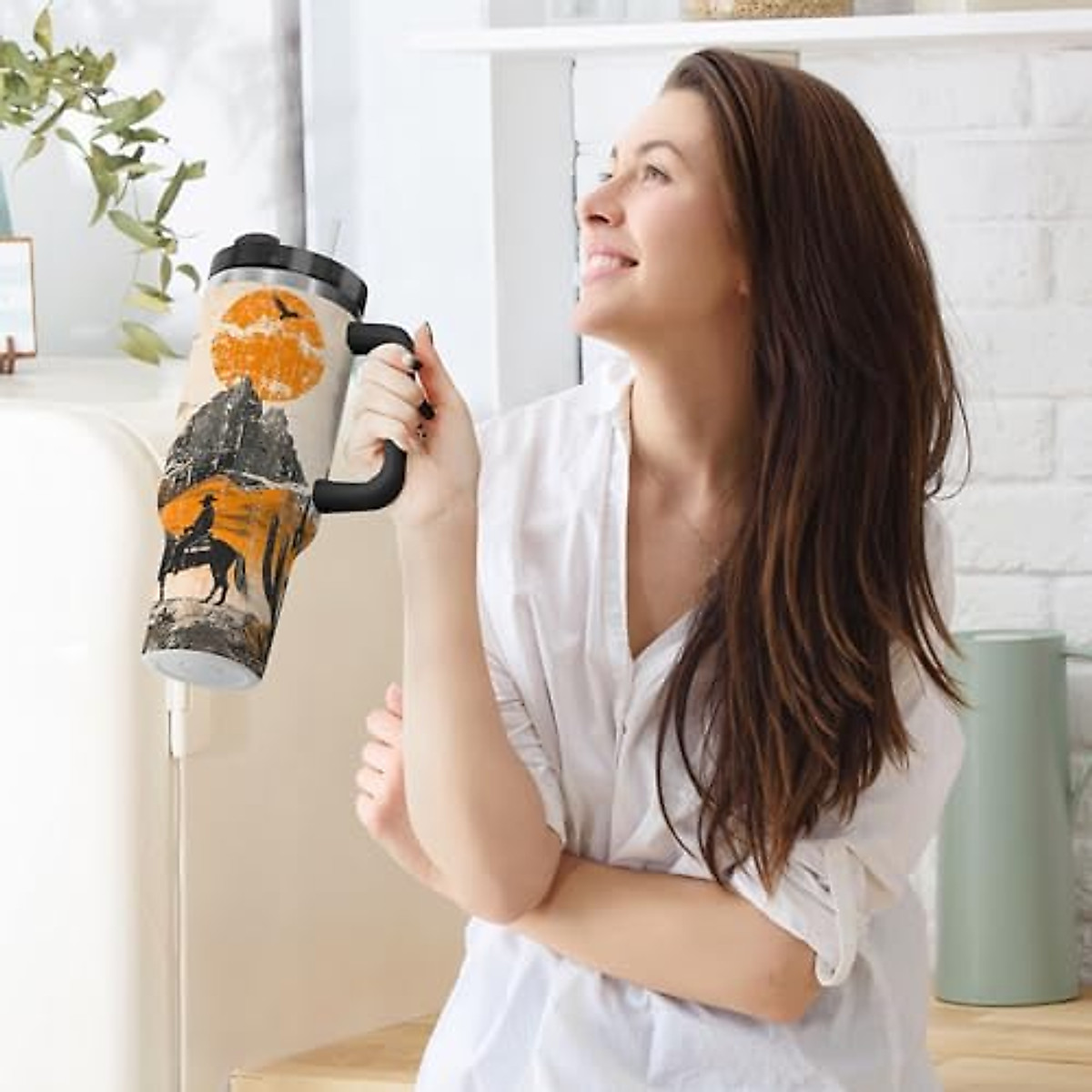 Flradish 40oz Tumbler with Handle, Vintage Western Cowboy Stainless Steel Tumbler with Lid and Straws Double Wall Vacuum Insulated Leakproof Coffee Travel Mug