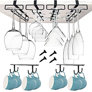 Wine Glass Holder Under Cabinet, Movable 4 Rows 12" Nail Free Metal Wine Glass Rack Stemware Wine Glasses Hanger Storage Rack Organizer Under Shelf With Mugs Set Holder for Cabinet Kitchen Bar