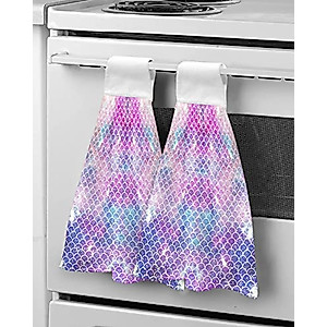 Fangship Hanging Kitchen Towel with Loop 2 Pack Beautiful Dreamy Pink Mermaid Scales Soft Dish Towels Tie Towel Tea Towels Washcloth for Bathroom Home