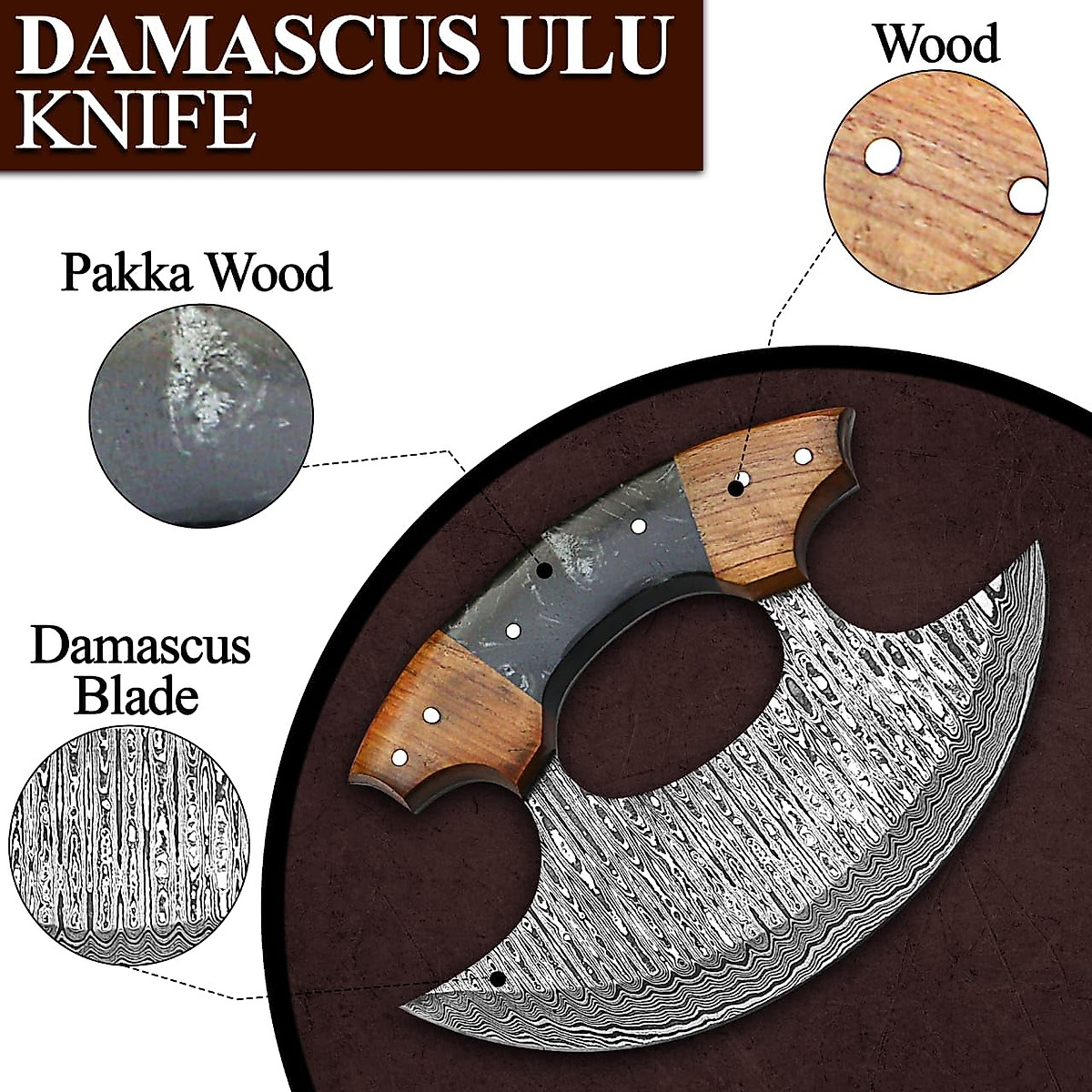SHANZAY KNIVES SK Damascus ulu knife with leather sheath,6" pizza cutter with wooden handle for stable grip,Alaskan Ulu Knife Used For Multi-Purpose And gifting Its promise to make you happy!