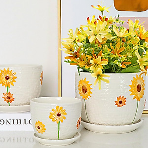 Hlukana Ceramic Plant Pots Set of 3, 6.75/5.6/4.2 inch Planters with Drainage Holes and Saucer, Flower Pots Outdoor Indoor, Modern Decorative Planters for House Plants Garden Planters Succulent Pots