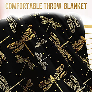 Levens Dragonfly Blanket Gifts for Boys Girls Women Decor for Home Bedroom Living Room Lounge Sofa, Soft Fluffy Smooth Lightweight Throw Blankets Gold Black 50"x60"