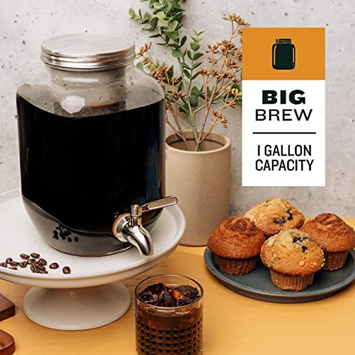 County Line Kitchen - Cold Brew Mason Jar Coffee Maker, Durable Glass, Heavy Duty Stainless Steel Filter, Lid, and Pour Spout - 4 Quart, (128 oz / 1 Gallon)