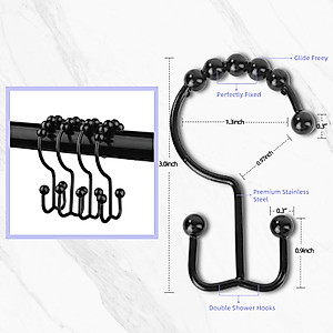 Shigat Shower Curtain Hooks for Curtain Rod, Shower Curtain Rings, Rust-Proof Metal Double Glide Shower Curtain Hooks for Bathroom Shower Curtain Rods, Set of 12 Shower Curtain Hooks (Black)